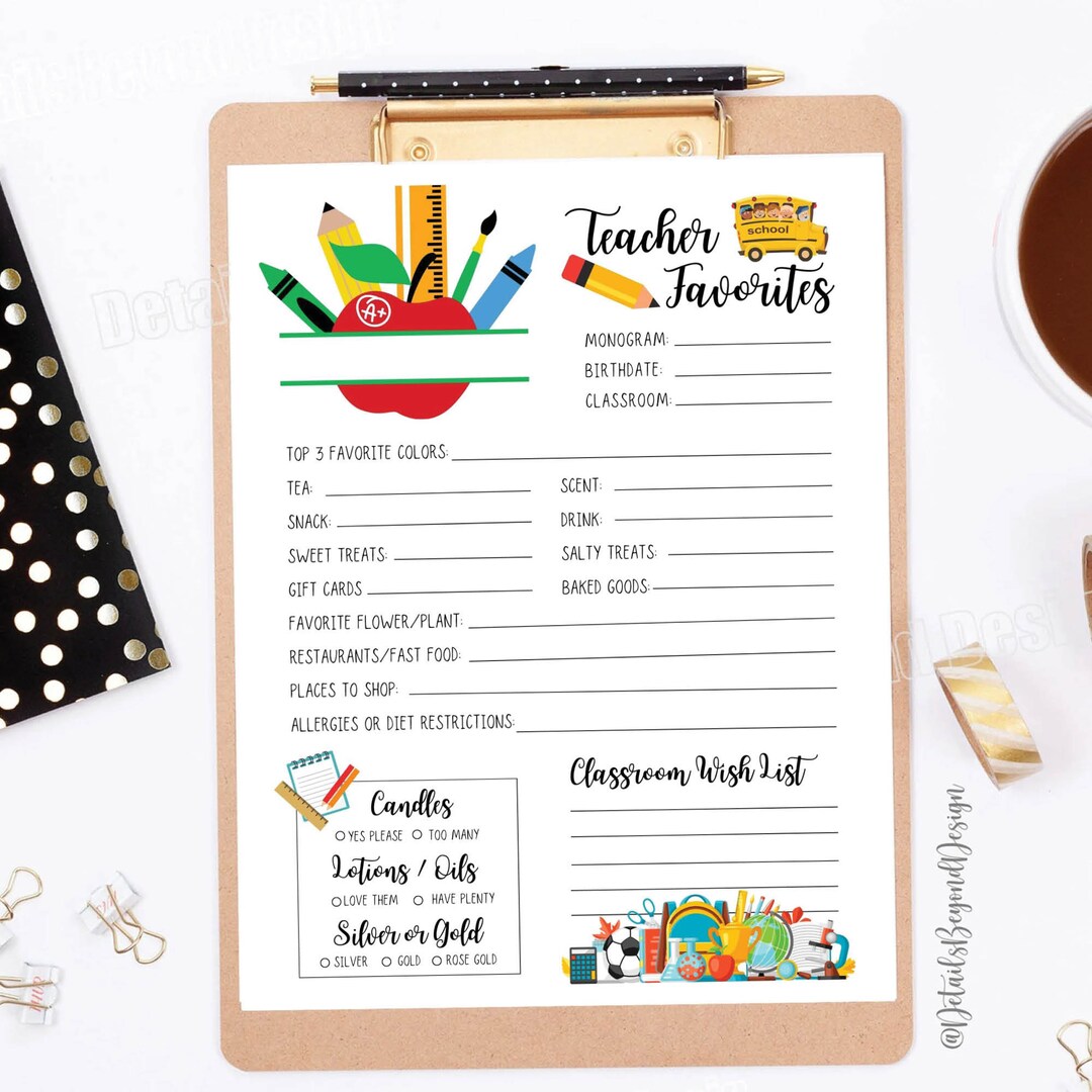 Teacher Favorites - Detailed Questionnaire - Teacher Appreciation ...