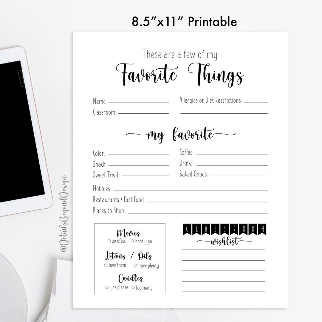 My Favorite Things - Teacher Questionnaire - Survey 8"x10" Teacher ...