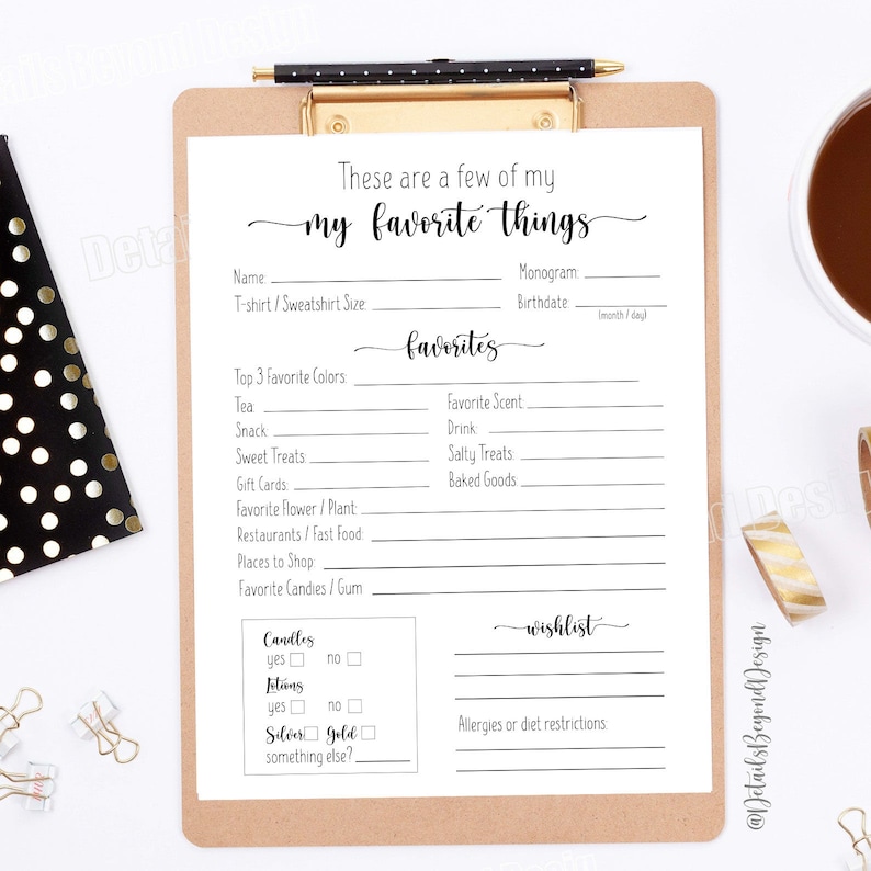 My Favorite Things - Detailed Questionnaire - Shirt Size- Survey 8"x10 ...