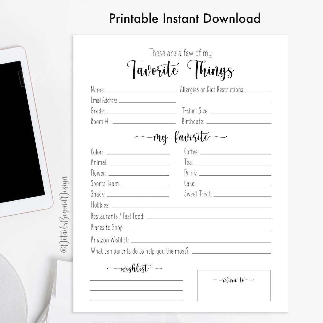My Favorite Things - Classroom Questionnaire - School Survey 8"x10 ...