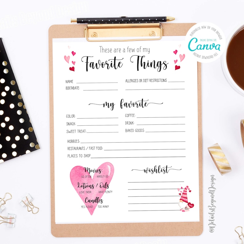 Editable on Canva - My Favorite Things - Valentine's Questionnaire 8 ...
