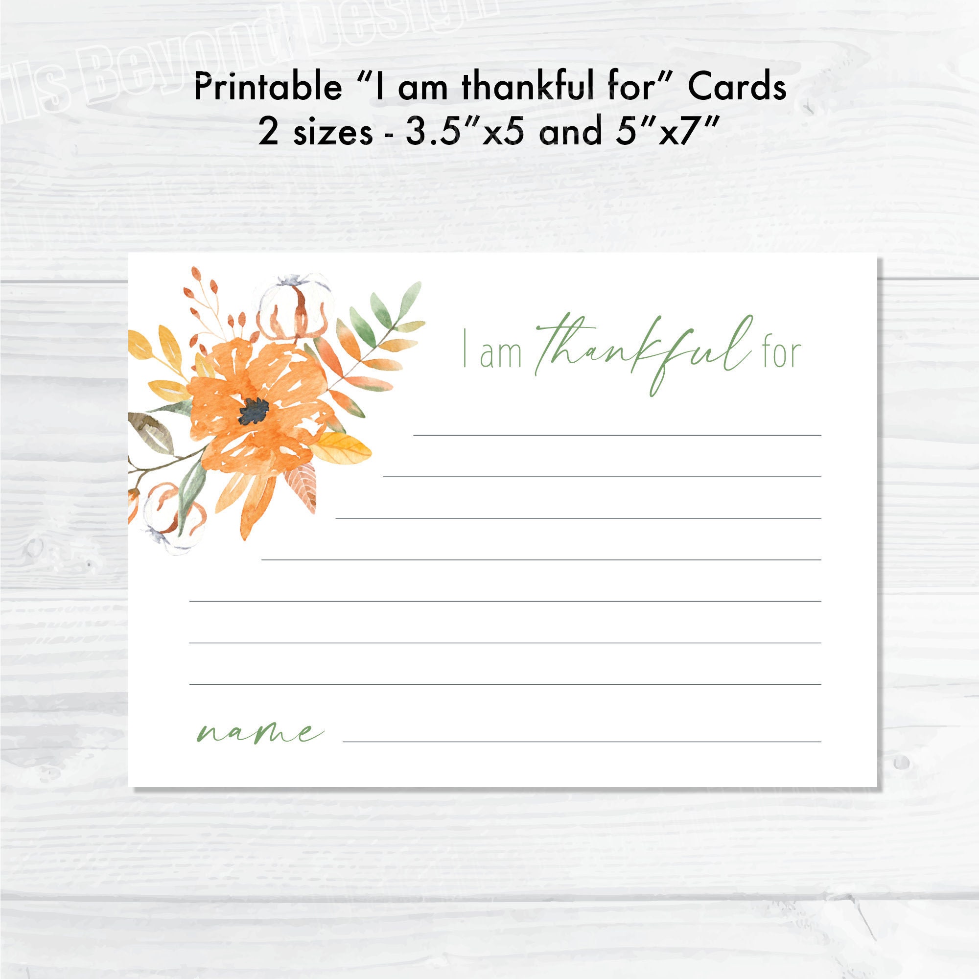 I Am Thankful for Printable Cards Floral Cotton 5x7 and 3.5x5 Printable ...