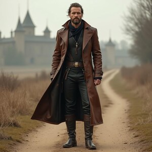 Men's Leather Long Trench Coat With Belted Waist | Medieval Steampunk ...