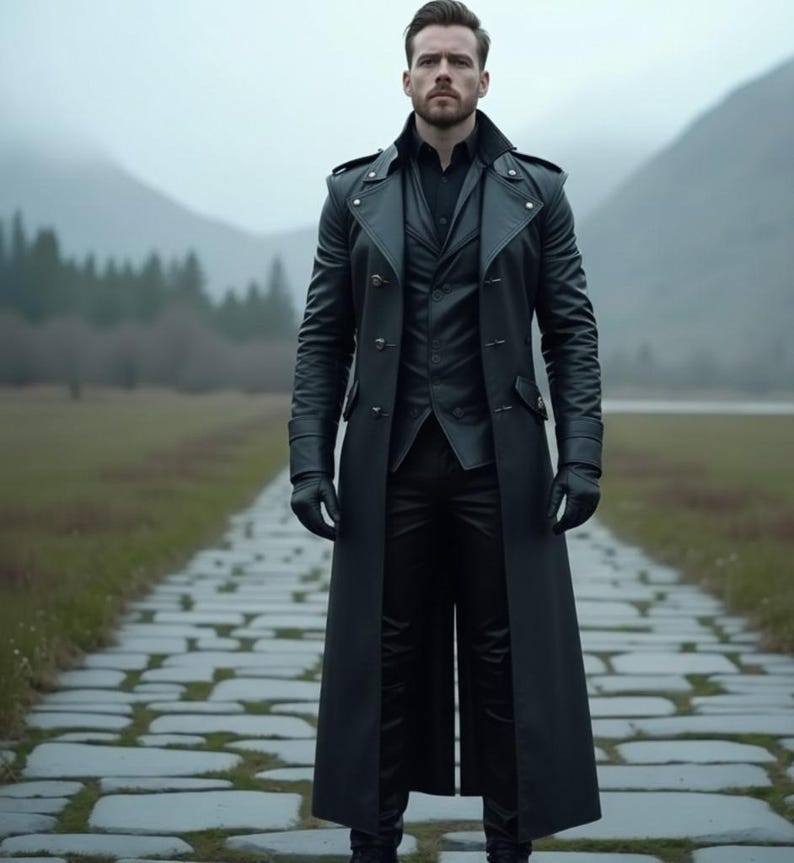 Black Premium Leather Trench Coat Set | Men Double Breasted Gothic ...