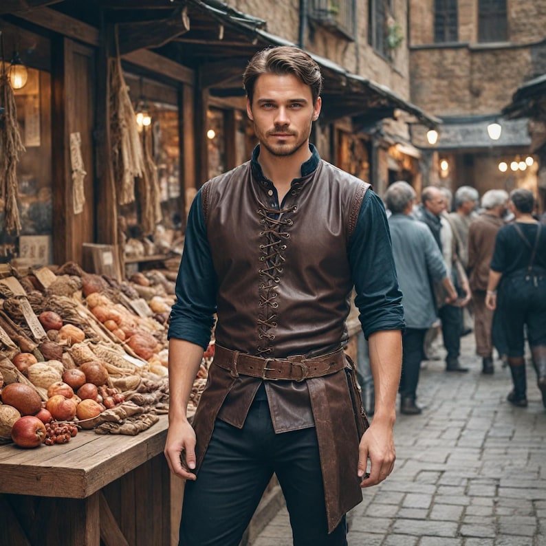 Men's Brown Leather Lace-up Vest With Belted Waist | Medieval ...