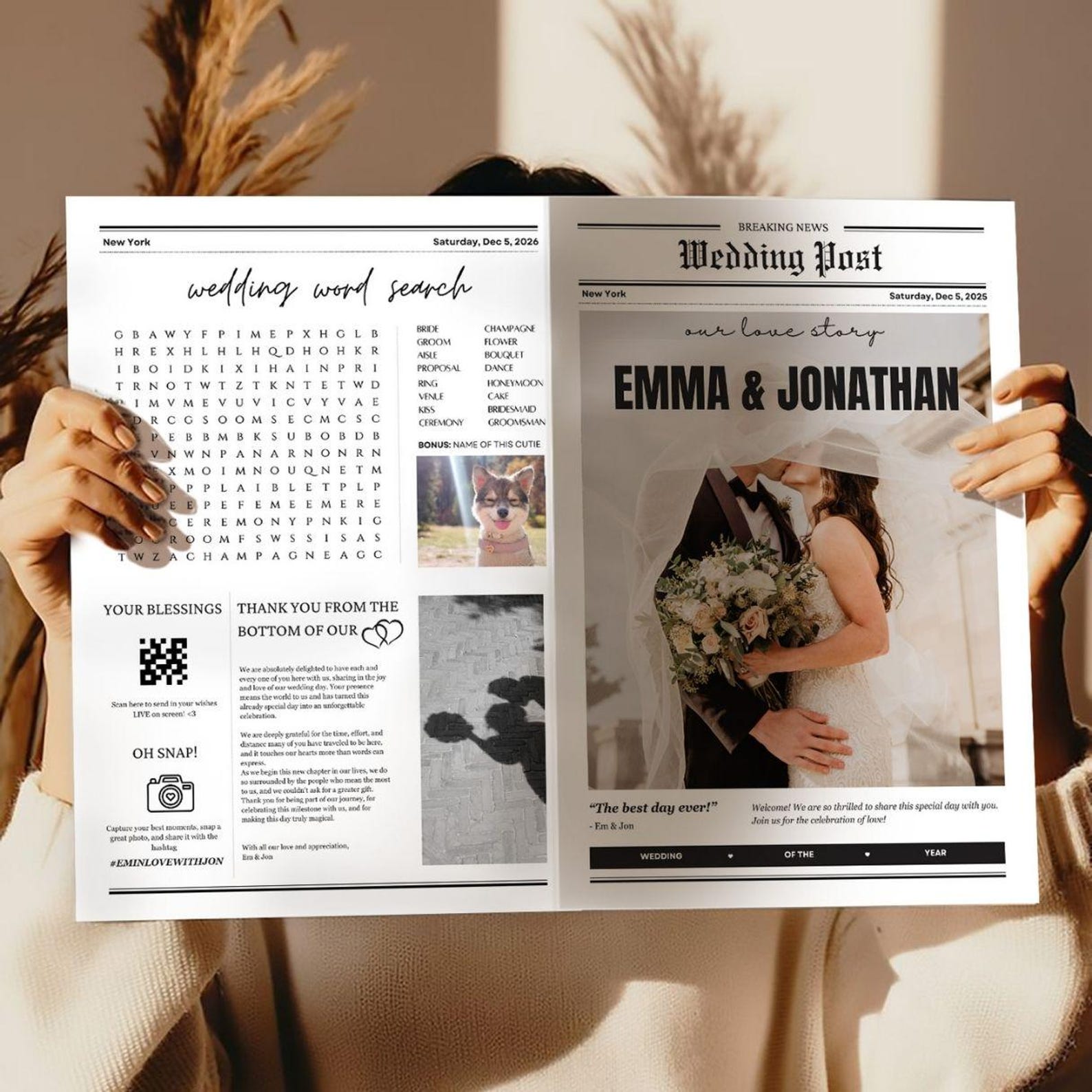 Editable Wedding Newspaper Program Template, Printable Minimalist ...