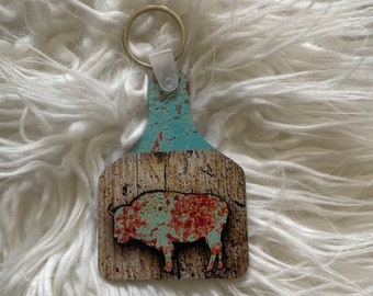 Personalized Cow Ear Tag Keychain Monogrammed Cow Print - Etsy