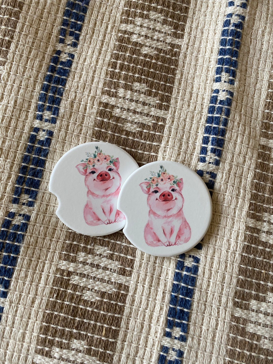 Car Coasters - Sandstone -set of 2 - Pig With Floral Crown - Etsy