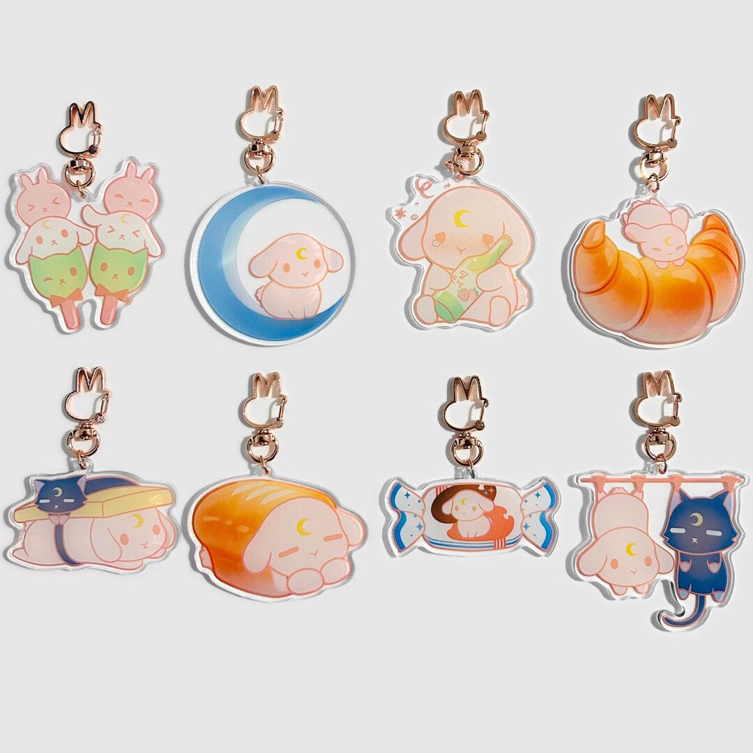 Moonbuns Keychains, Moon Bunny, Cute Animal Keychains, Cat, Dango, Croissant, White Rabbit Candy ...