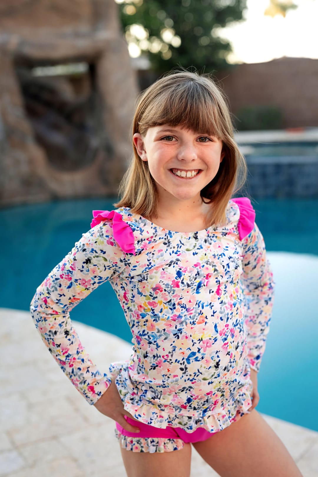 Girls 2 Piece Swimsuit, Modest Swimsuit, Long Sleeve Rash Guard, Ruffle ...