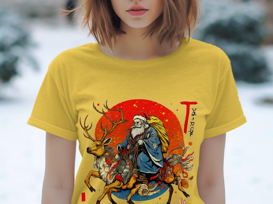 Unique Santa Claus Riding Reindeer Graphic Christmas T-shirt, Vintage ...