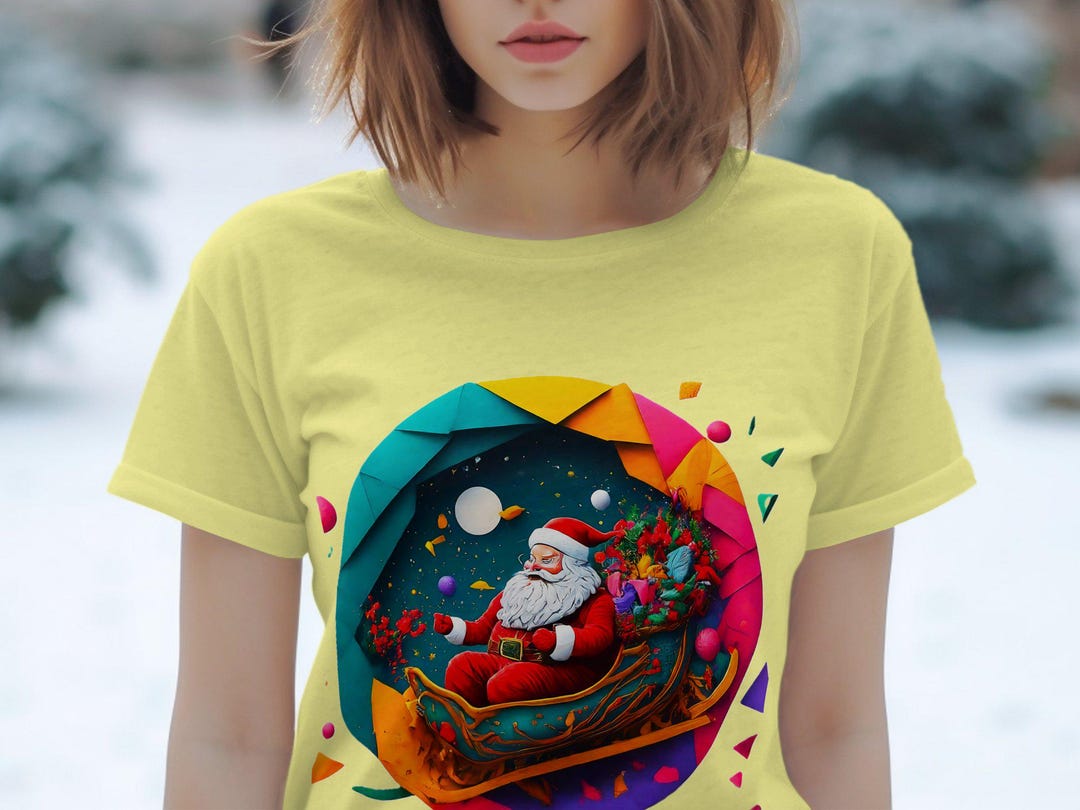 Christmas Santa Claus Riding Sleigh Graphic Tee, Colorful Holiday T ...