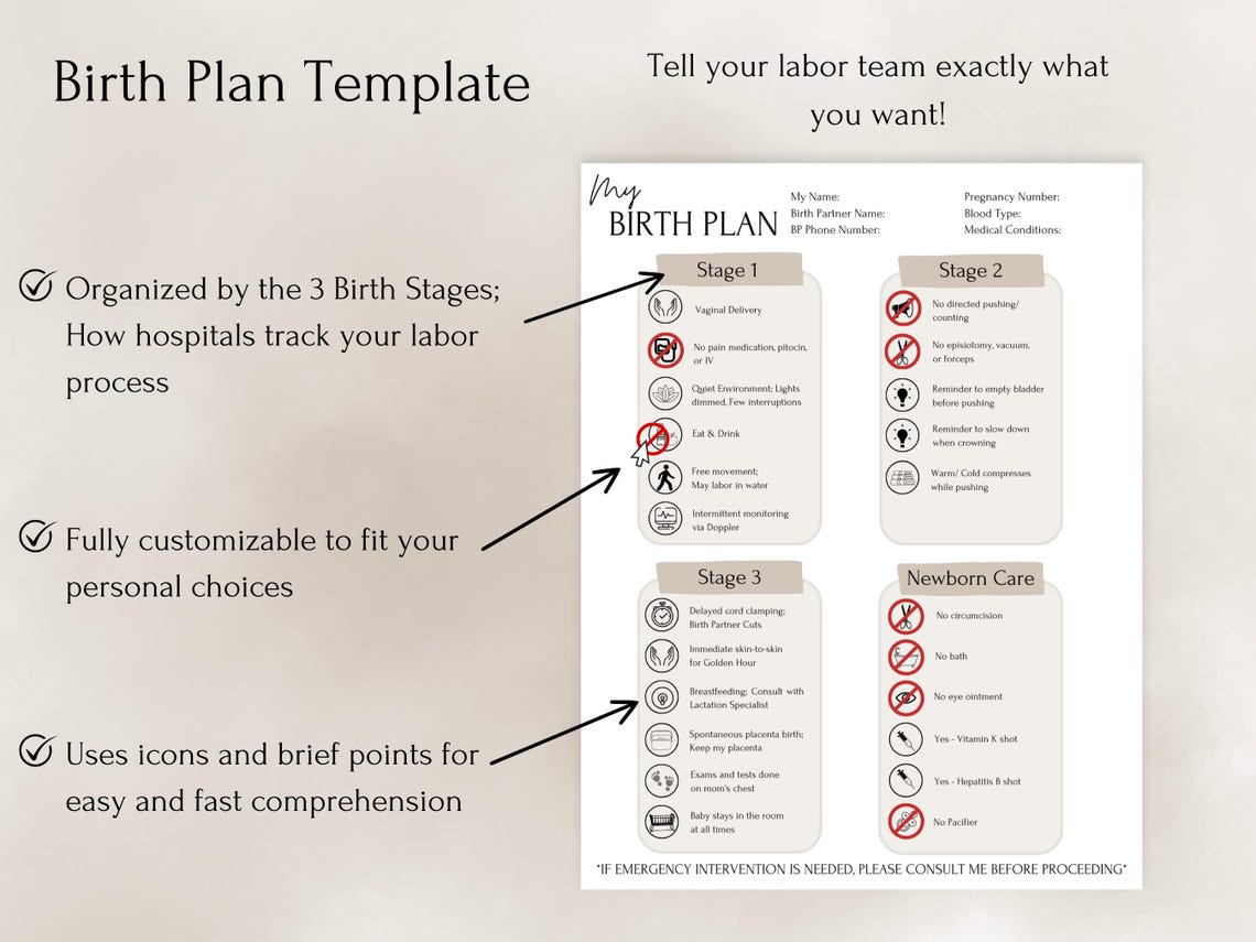 Birth Plan Template Canva for Hospital, Hospital Bag Checklist, Birth ...