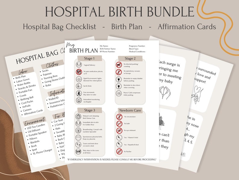 Birth Plan Template Canva for Hospital, Hospital Bag Checklist, Birth ...