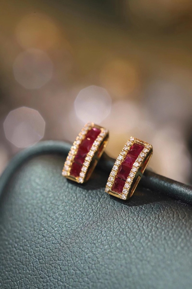 Princess Cut Ruby Stud Earrings in 18K Gold With Diamond Accent, Square ...
