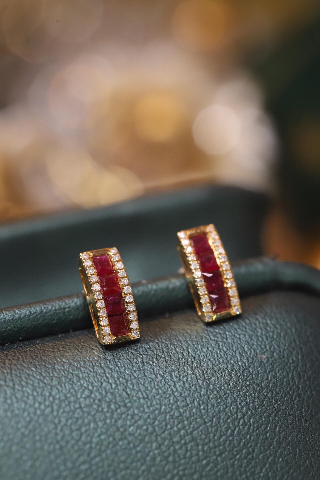 Princess Cut Ruby Stud Earrings in 18K Gold With Diamond Accent, Square ...