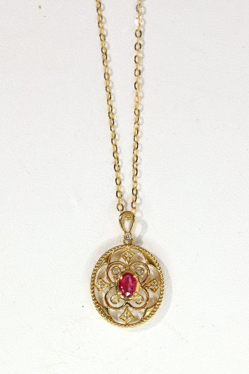 Vintage Ruby Pendant Necklace, 18K Solid Gold Real Ruby and Diamond ...