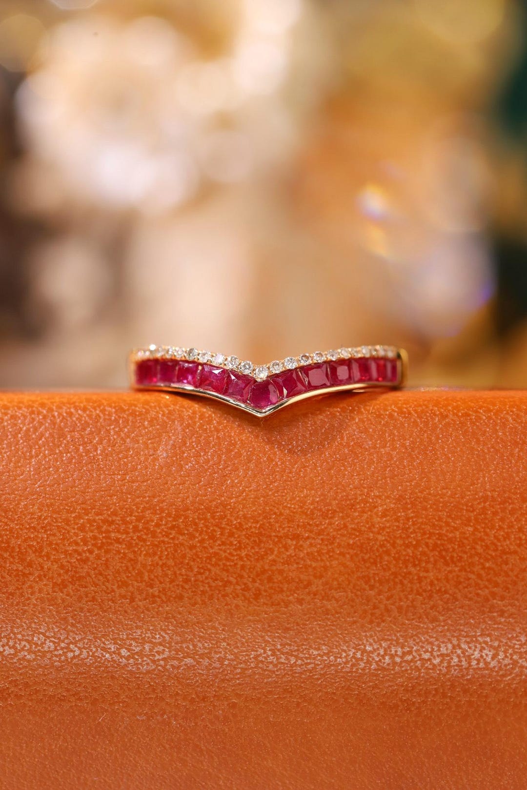 Genuine Ruby Stack Ring, 18K Solid Gold Real Ruby Diamond V Band, Wedding Engagement Ring, Ruby ...