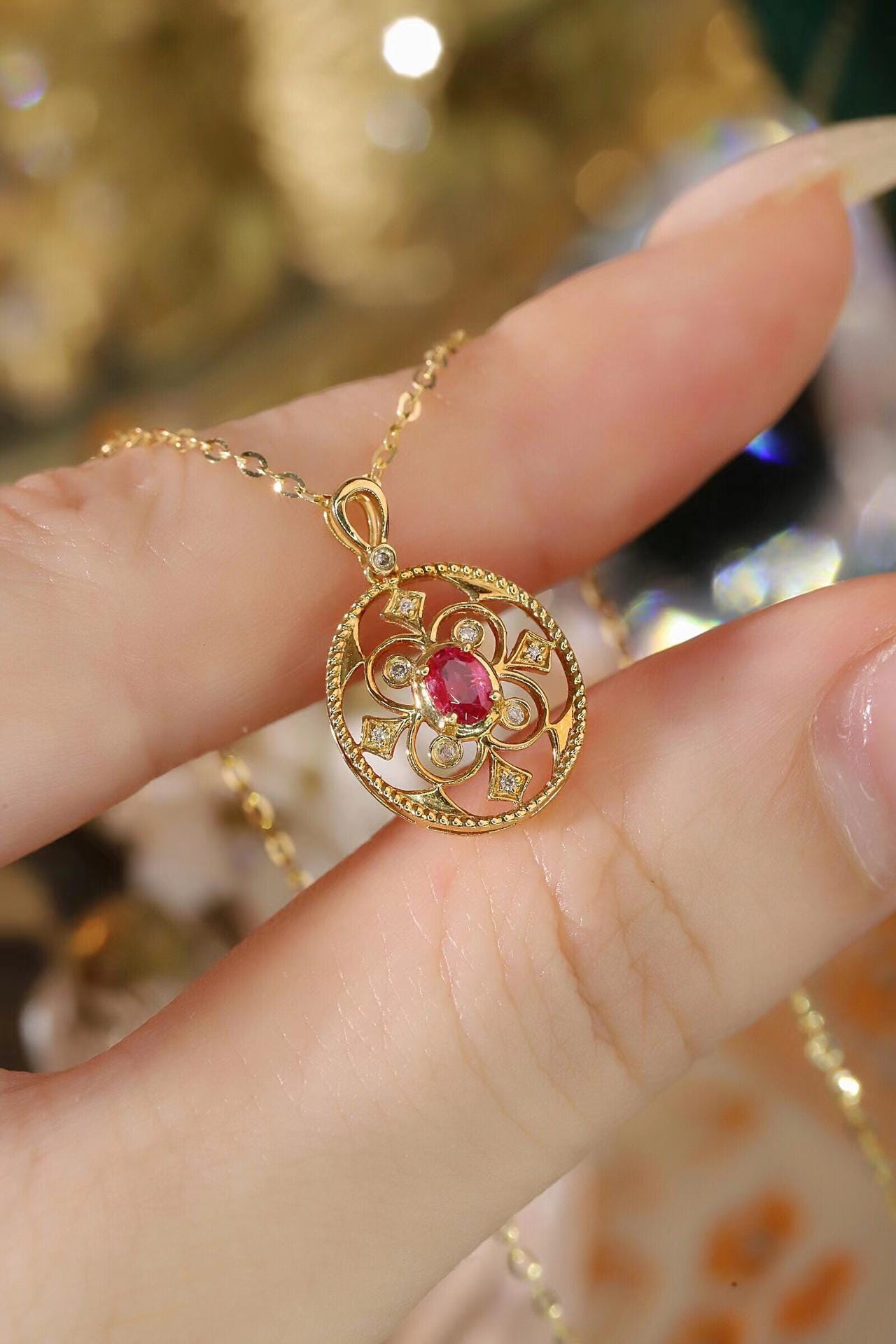 Vintage Ruby Pendant Necklace, 18K Solid Gold Real Ruby and Diamond ...