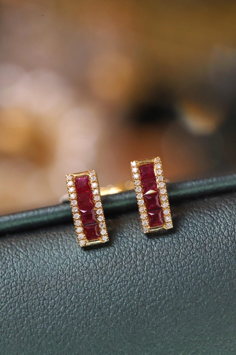 Princess Cut Ruby Stud Earrings in 18K Gold With Diamond Accent, Square ...