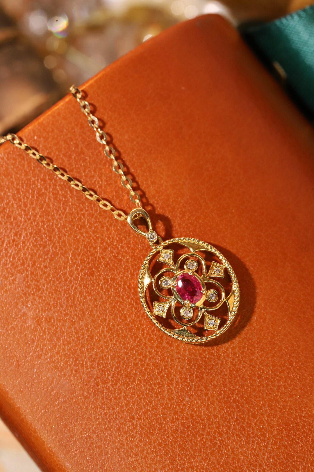 Vintage Ruby Pendant Necklace, 18K Solid Gold Real Ruby and Diamond ...