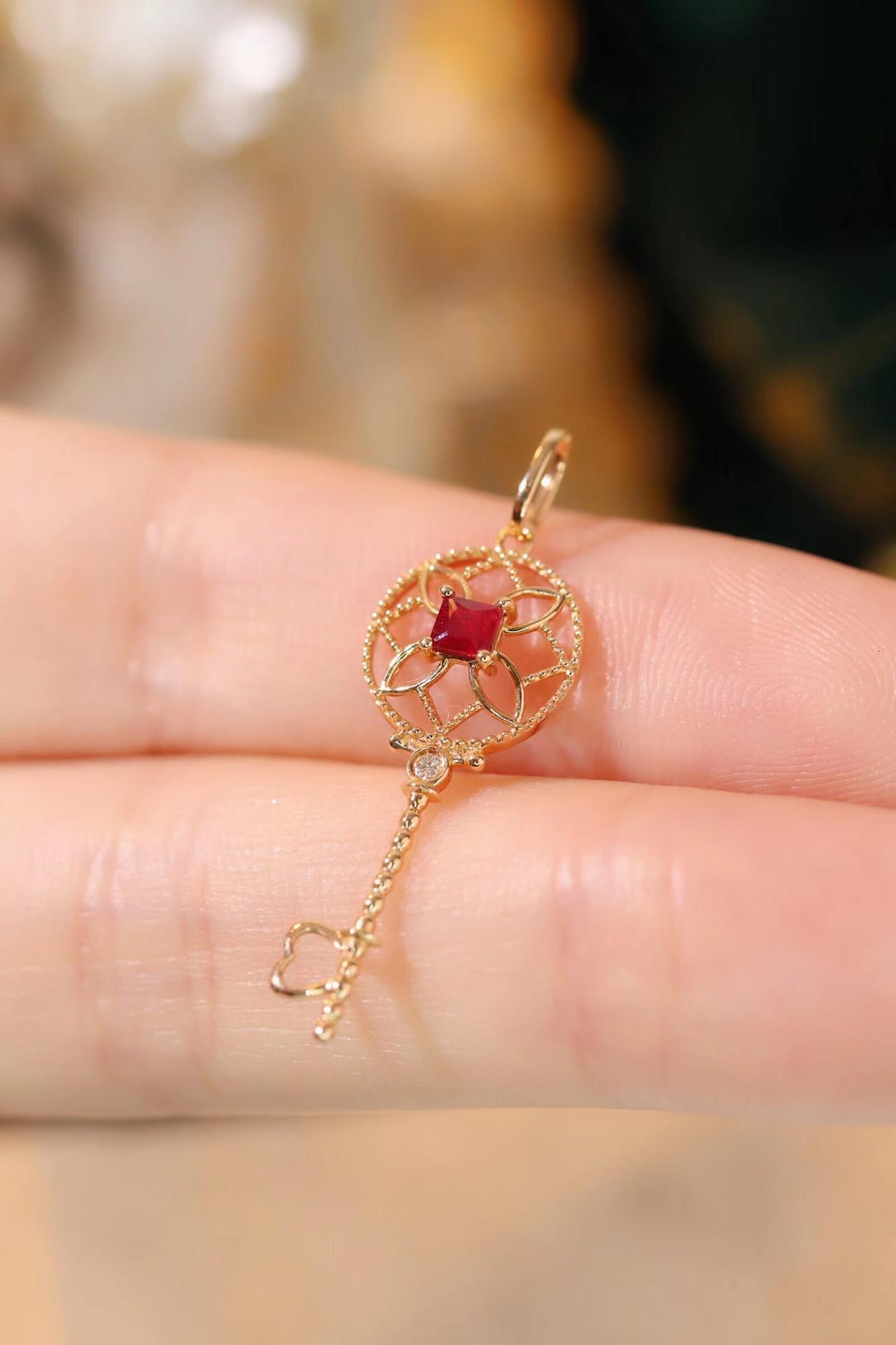 18K Solid Gold Ruby Key Pendant Necklace With Diamond Accent, Vintage ...