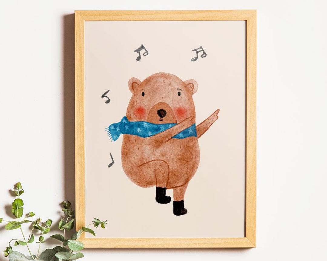 Funny Dancing Bear Print, A4 Watercolor Art With Soft Pastel Beige ...