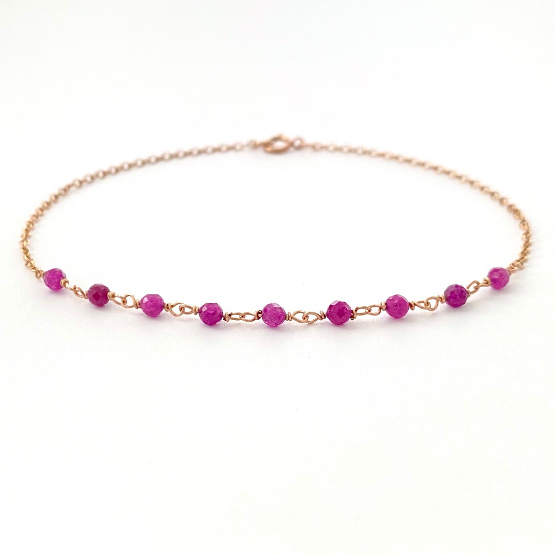 Ruby Anklet via Aziza Jewelry. Dark Red Genuine Ruby Delicate Rose Gold ...