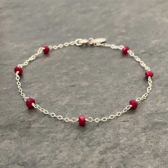 Ruby Bracelet. Delicate Faceted Genuine Gemstone Sterling Silver Chain Bracelet