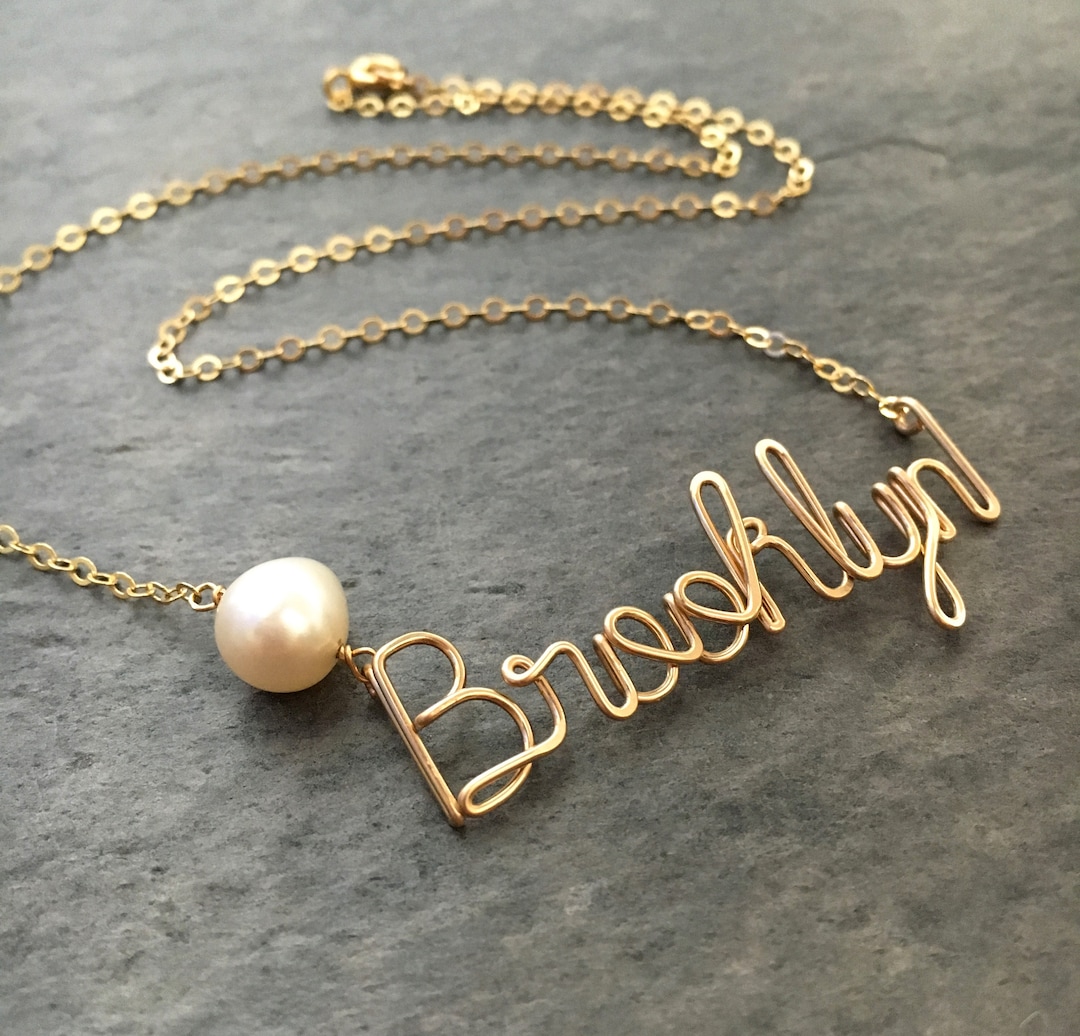Gold Name Necklace: Custom 14k Gold Filled Wire With Freshwater Pearl ...