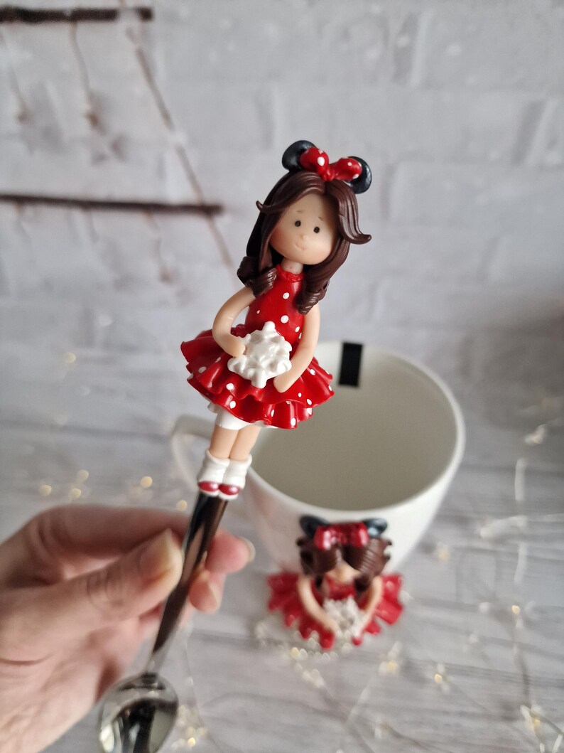 Polymer Clay Girl Mug & Spoon Set, Handmade Cute Red Dress Doll ...