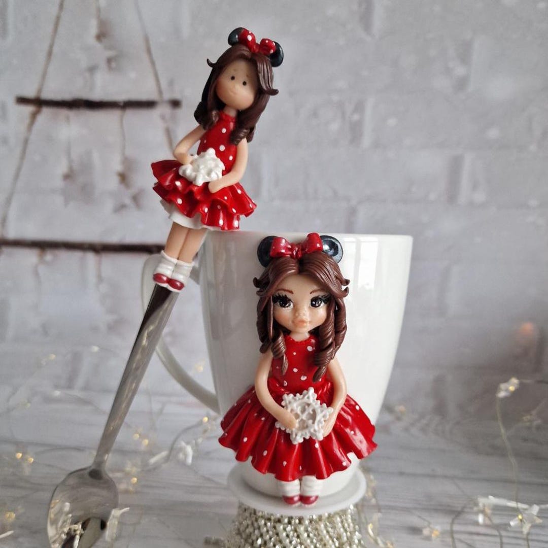 Polymer Clay Girl Mug & Spoon Set, Handmade Cute Red Dress Doll ...