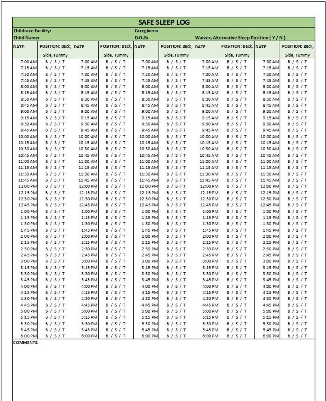 Infant Safe Sleep Log – Printable Excel Chart for Daycare Sleep Checks ...