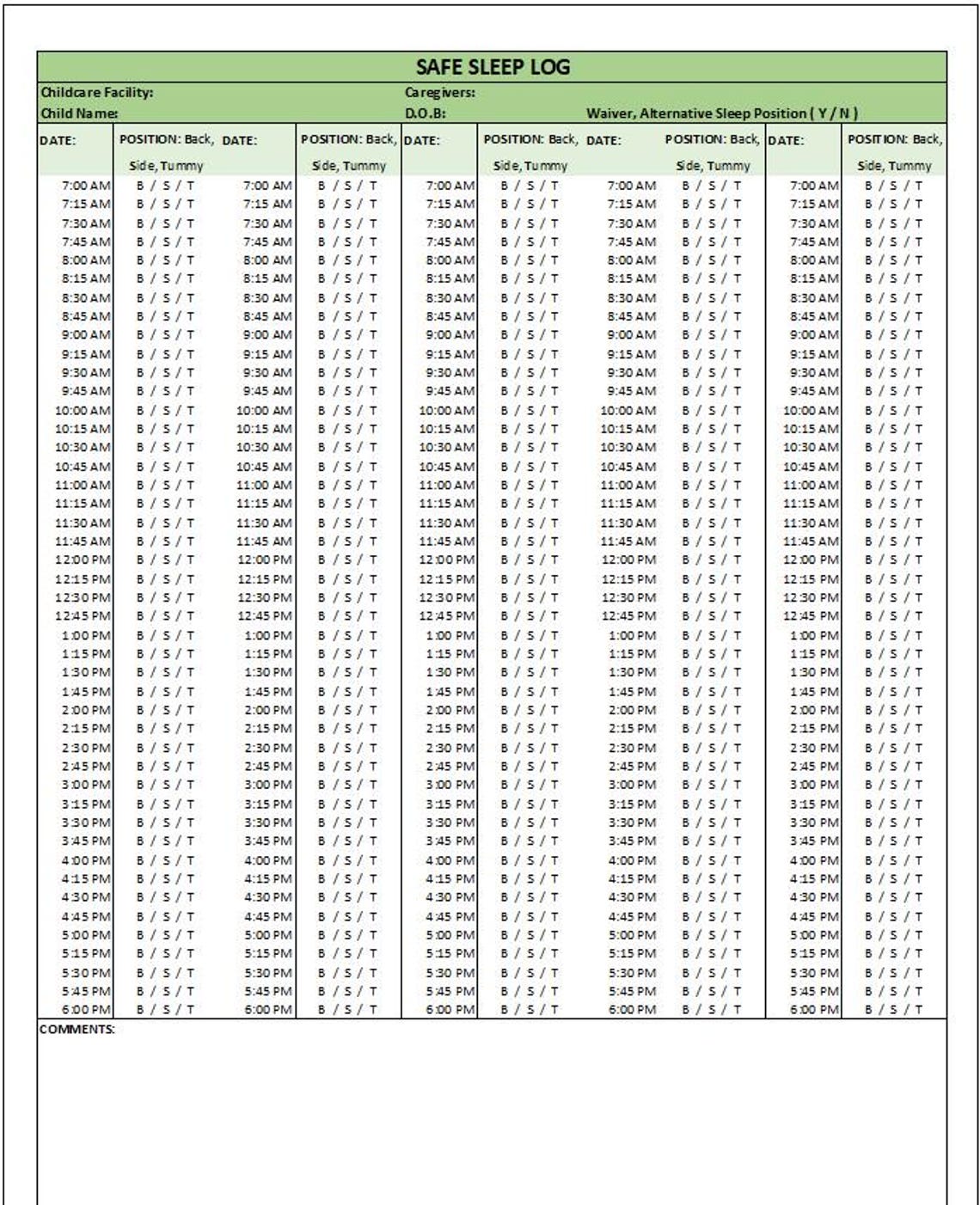 Infant Safe Sleep Log – Printable Excel Chart for Daycare Sleep Checks ...