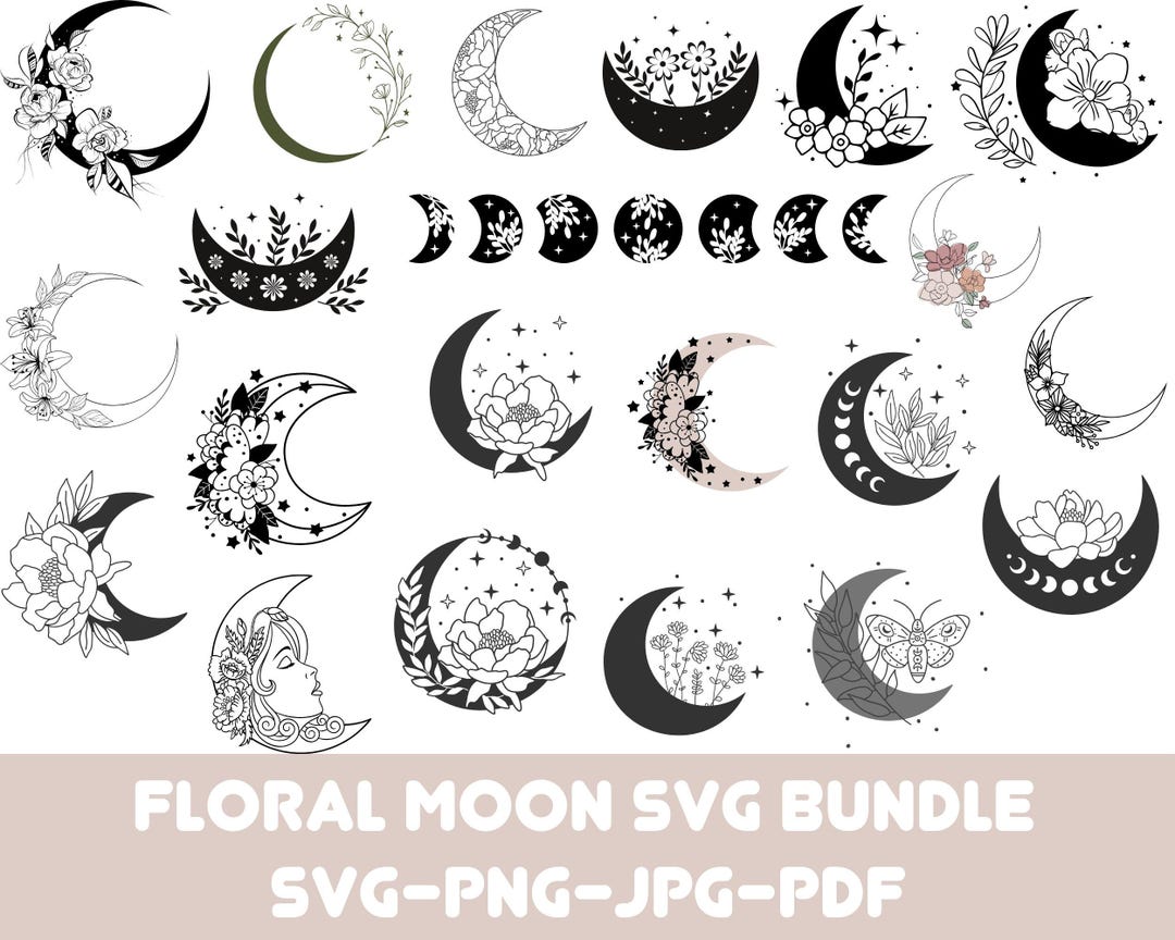 Floral Moon Svg Bundle, Floral Moon Clipart ,moon Flower Svg Cut Files ...
