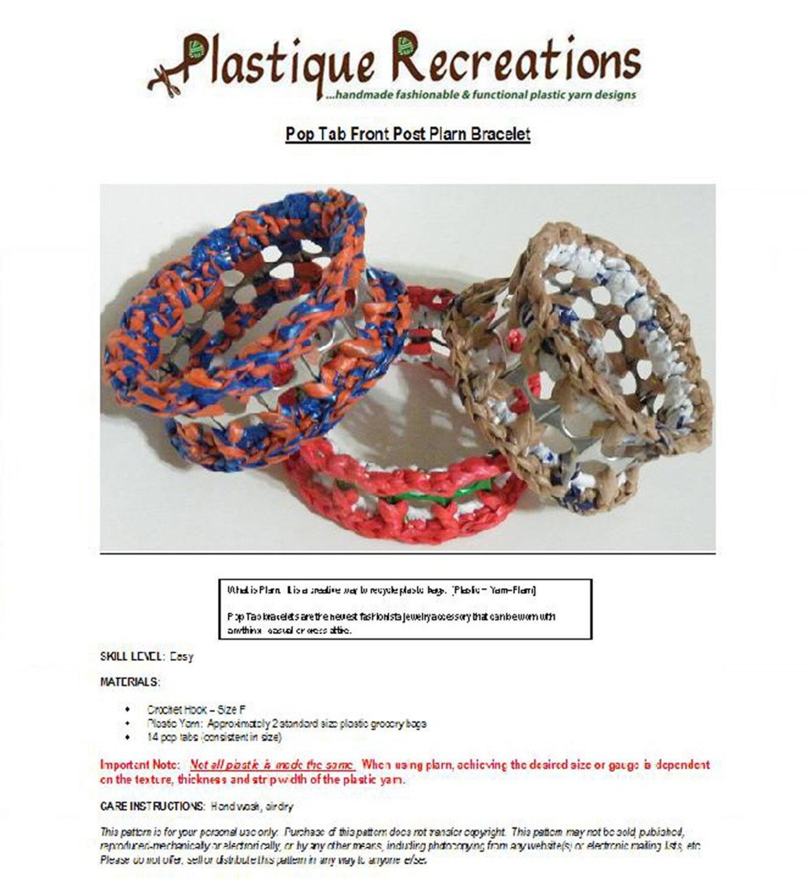 Crochet Pattern - Pull Tab Front Post Plarn Bracelet ...14 Pop Tabs and ...