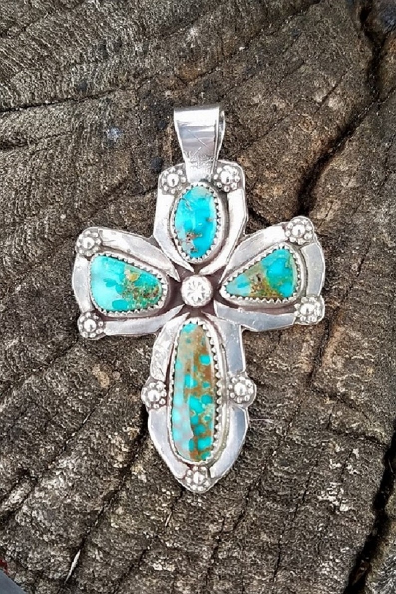 Turquoise Silver Cross Pendant Handmade Multi Stone Natural Kingman ...