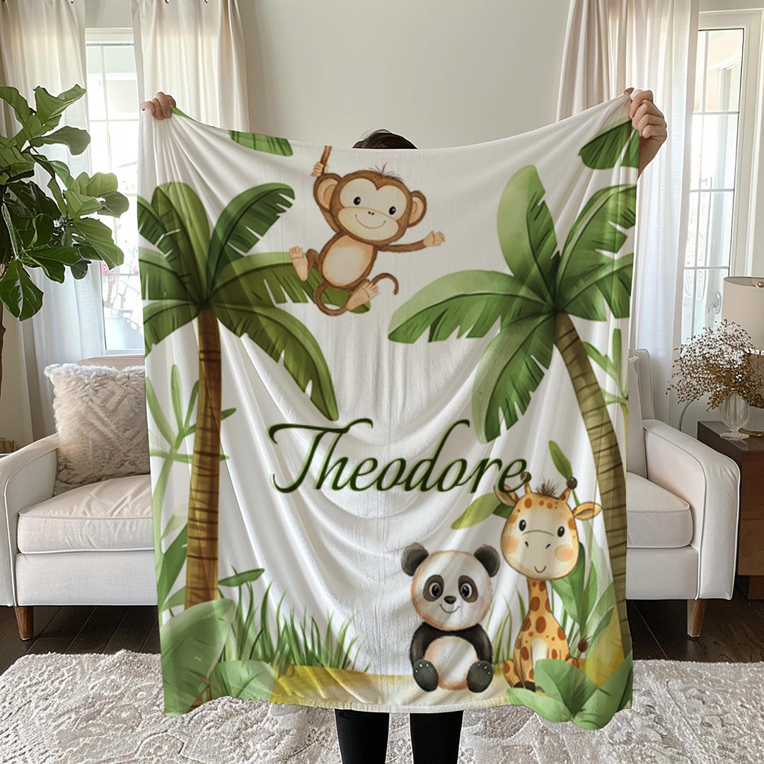Custom Jungle Adventure Baby Blanket - Personalized Name & Date | Soft ...