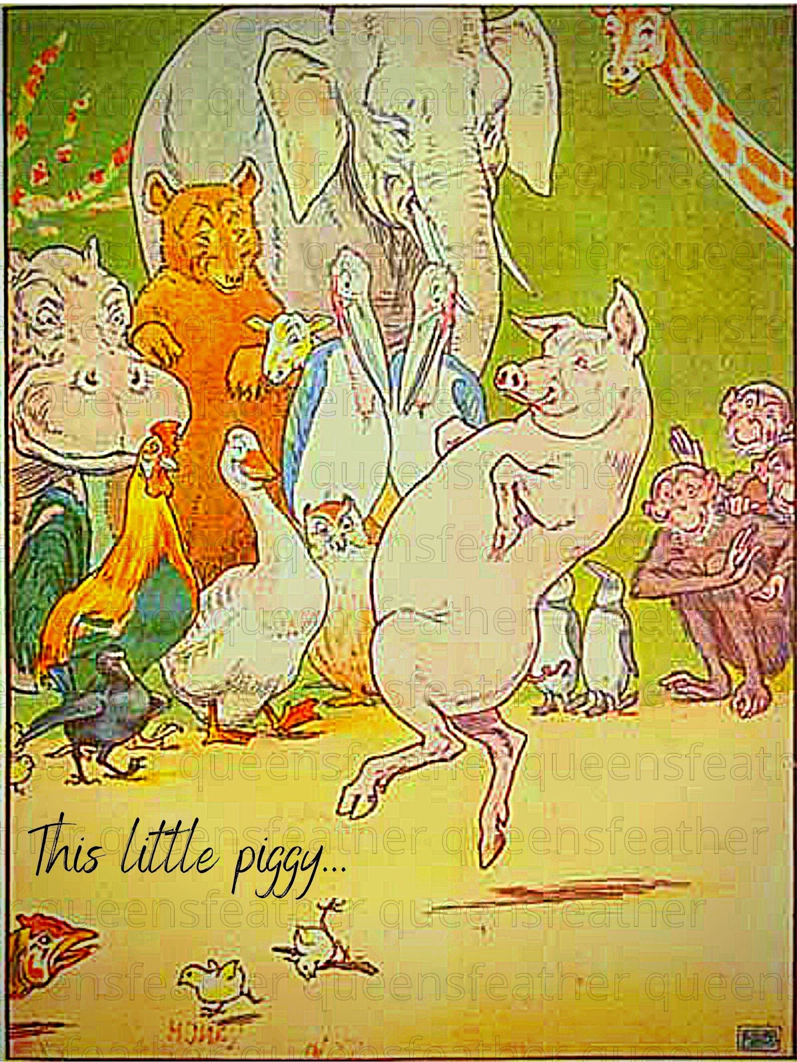 Animal Theme, Dancing Pig, Nursery Room Child Decor, Printable, Antique ...
