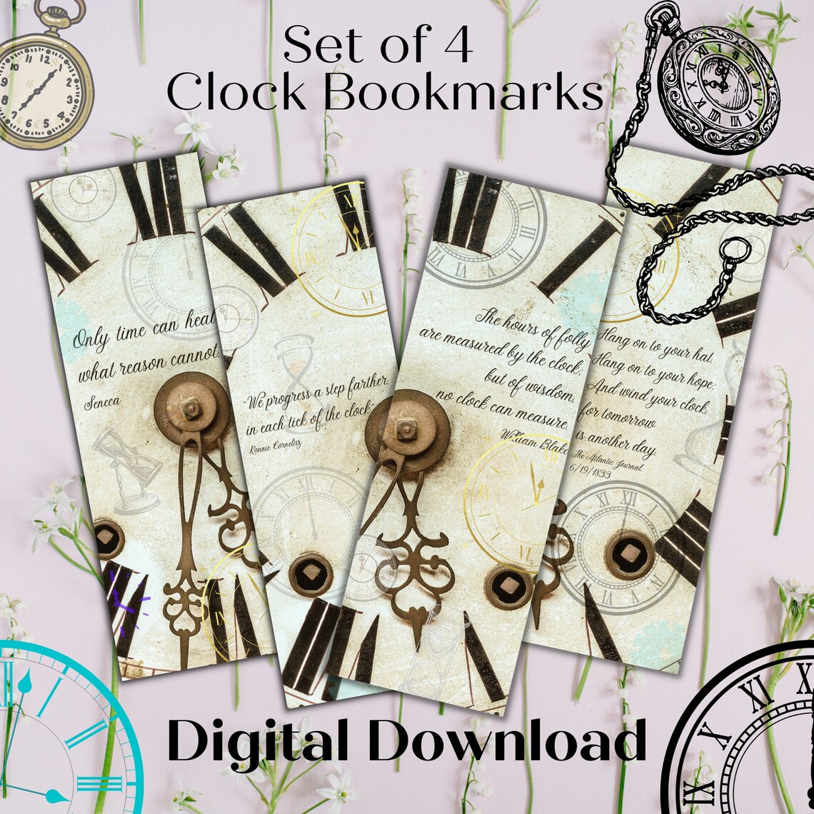 Clock Themed Bookmarks, Bookmark, Bookmark Set, Printable Bookmark ...