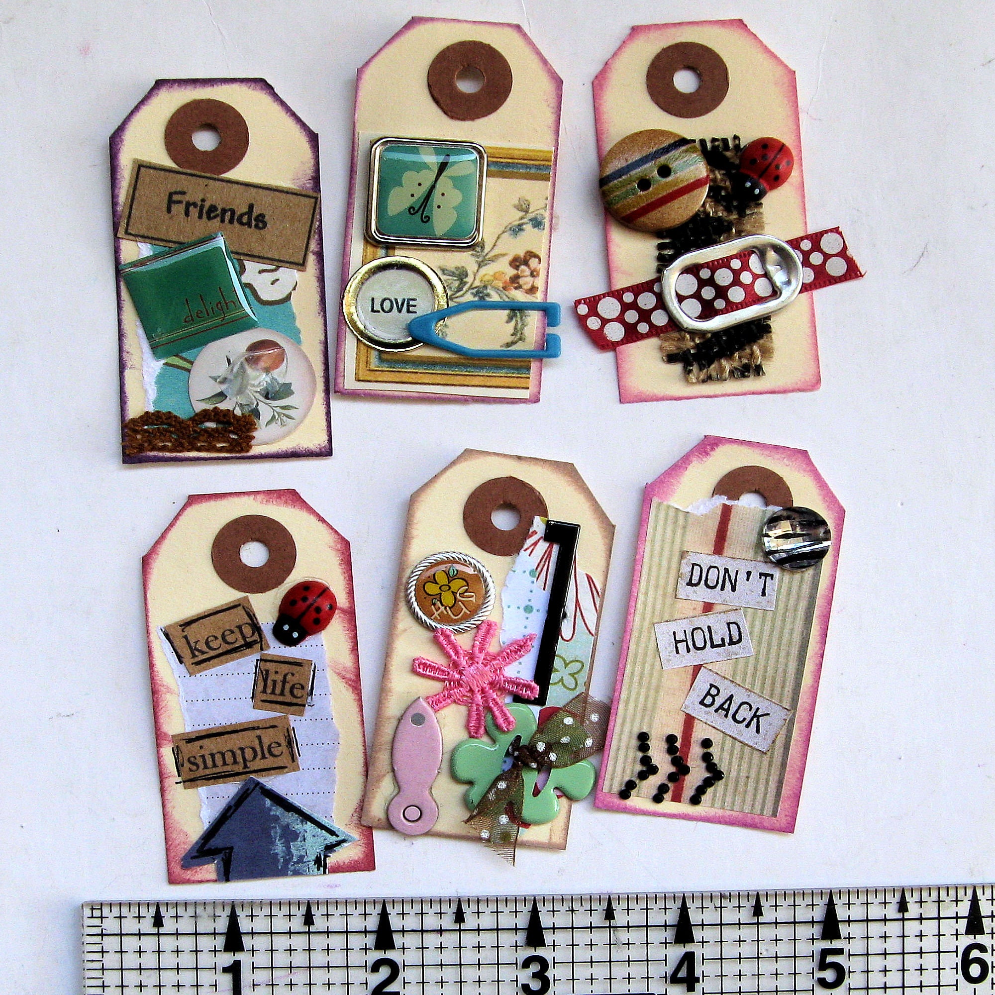 Mixed Media Tags, Set of 6 Mini Tags, Artistic Tags With Captions and ...