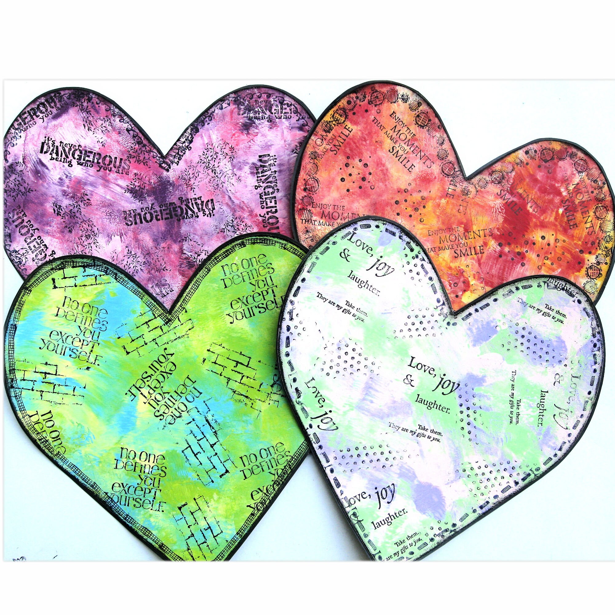 Set of 4 Hearts Painted Hearts Mixed Media Supply Scrapbook | Etsy