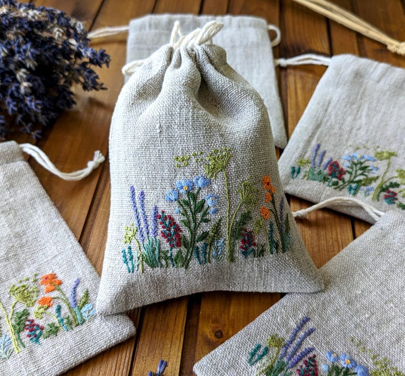 Hand-embroidered Linen Sachet Bag: Floral Herb Pouch With Cotton ...