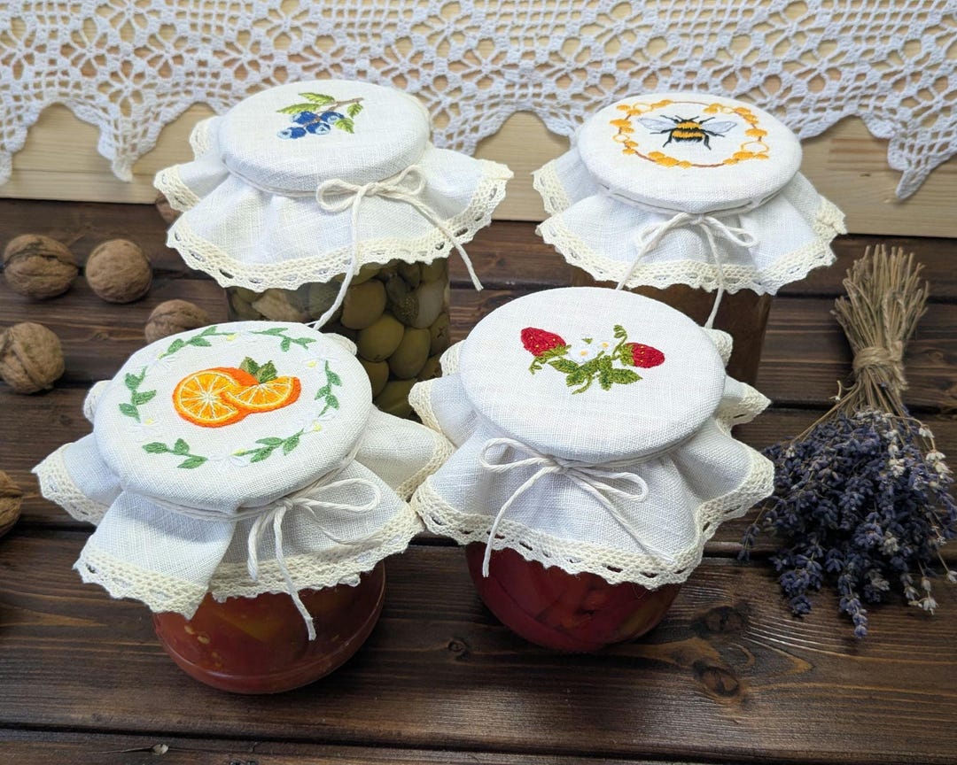 Hand-embroidered Linen Jar Covers: Fruit & Honey Designs, Lace Trim - Etsy