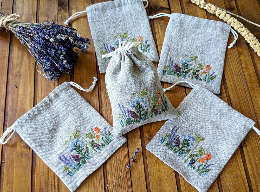 Hand-embroidered Linen Sachet Bag: Floral Herb Pouch With Cotton ...
