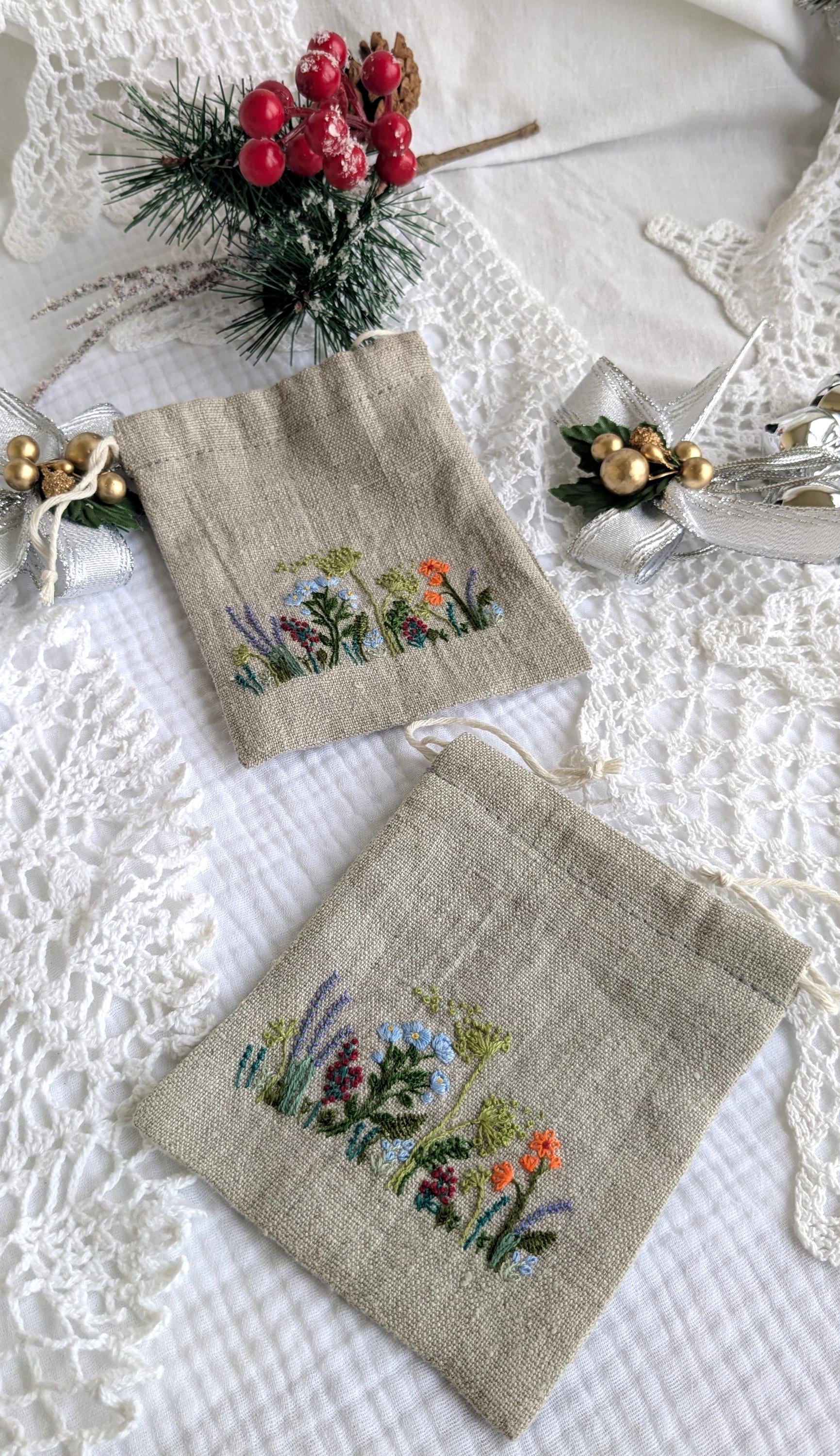 Hand-embroidered Linen Sachet Bag: Floral Herb Pouch With Cotton ...