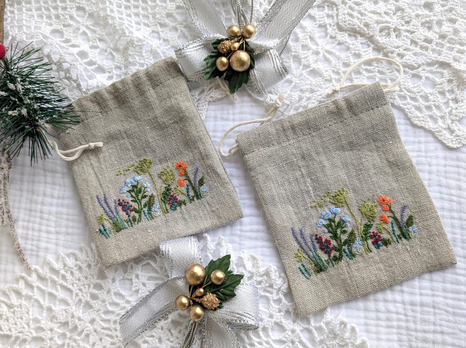 Hand-embroidered Linen Sachet Bag: Floral Herb Pouch With Cotton ...