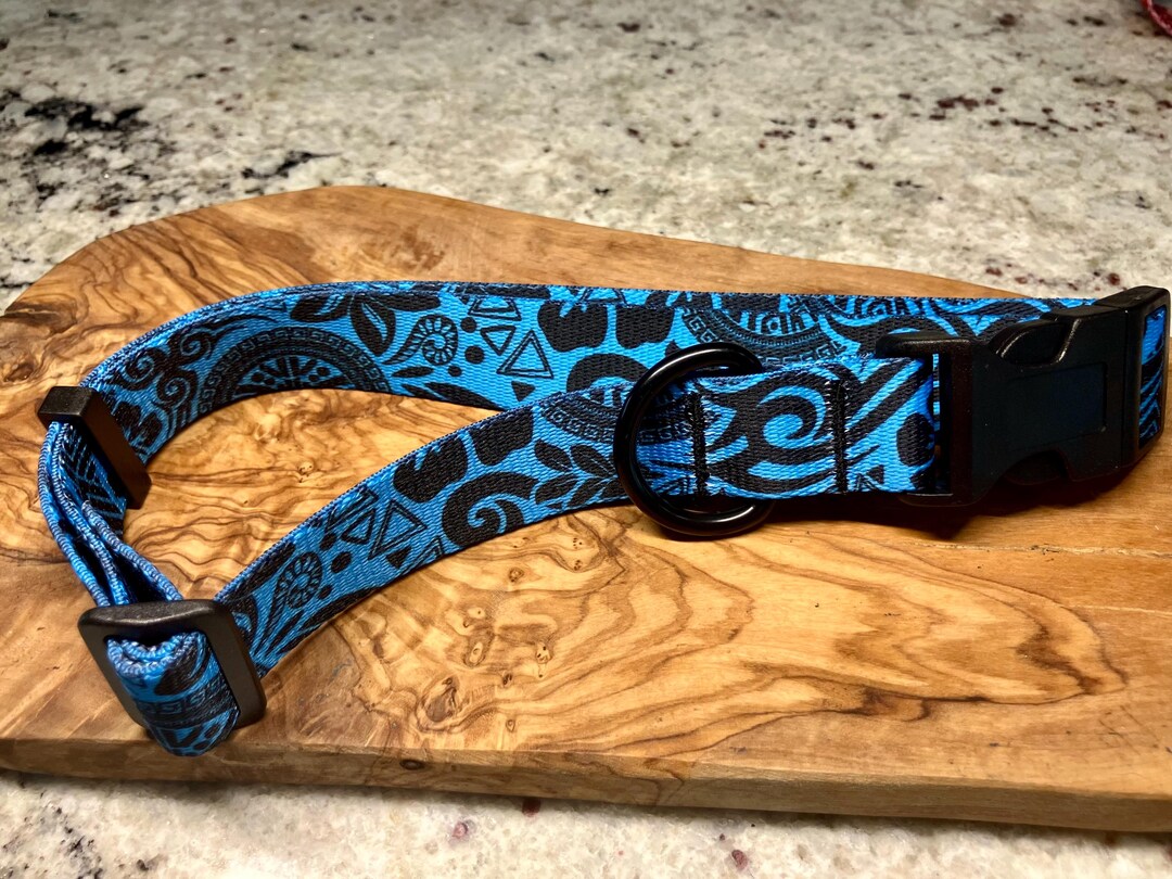 Blue and Black Polynesian Waves Patterned 1" Dog Collar, Medium and ...