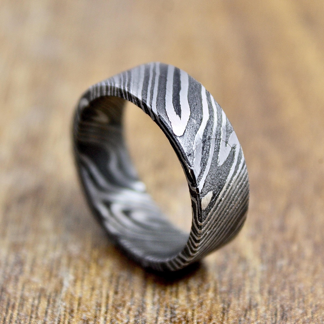 Simple Damascus Ring With Deep Pattern Dome Shape Ring Band for Him ...