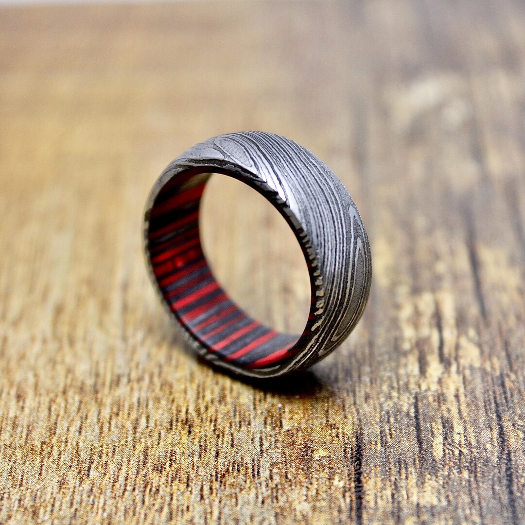 Damascus Wood Wedding Band, Men Damascus Steel Whiskey Barrel Ring ...